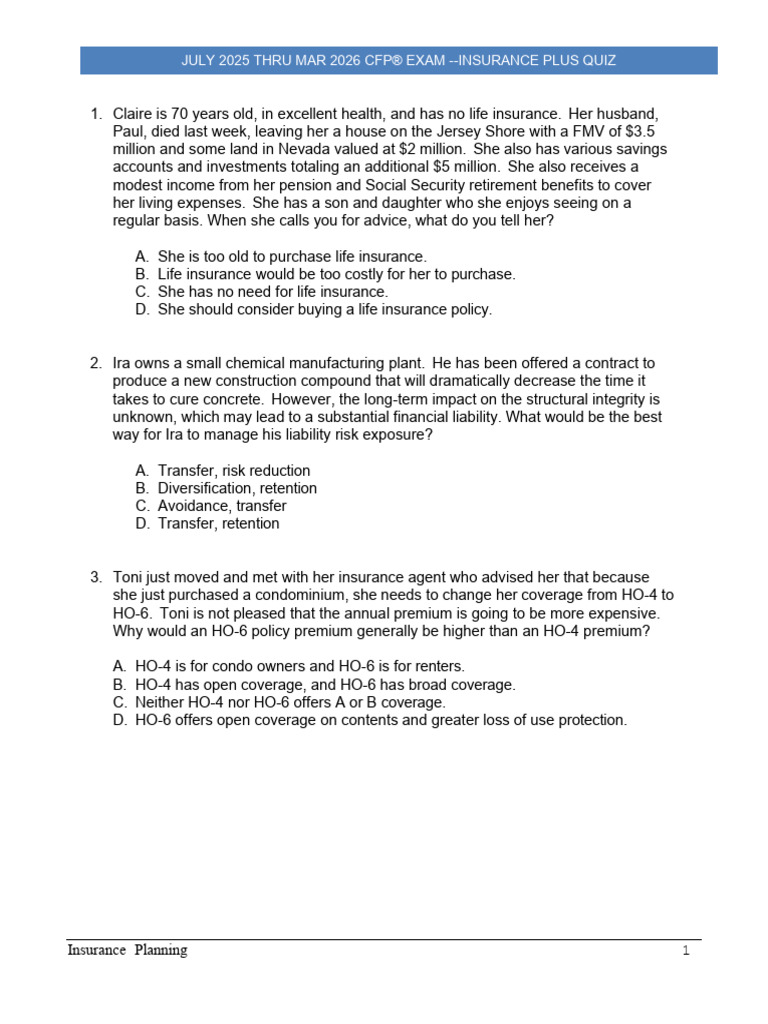 CFP® Exam Insurance Planning Quiz | PDF | Life Insurance | Insurance