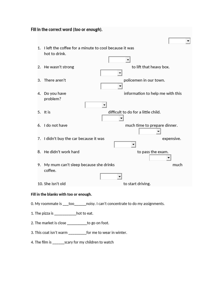 Fill in the Blanks: Too vs. Enough | PDF