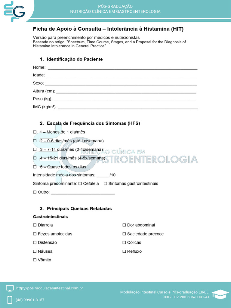 Ficha de Apoio à Consulta – Intolerância à Histamina (HIT) | PDF ...