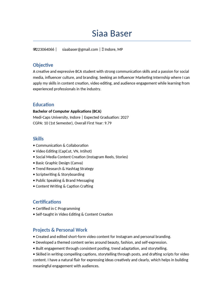 Siaa Influencer Intern Resume Updated | PDF