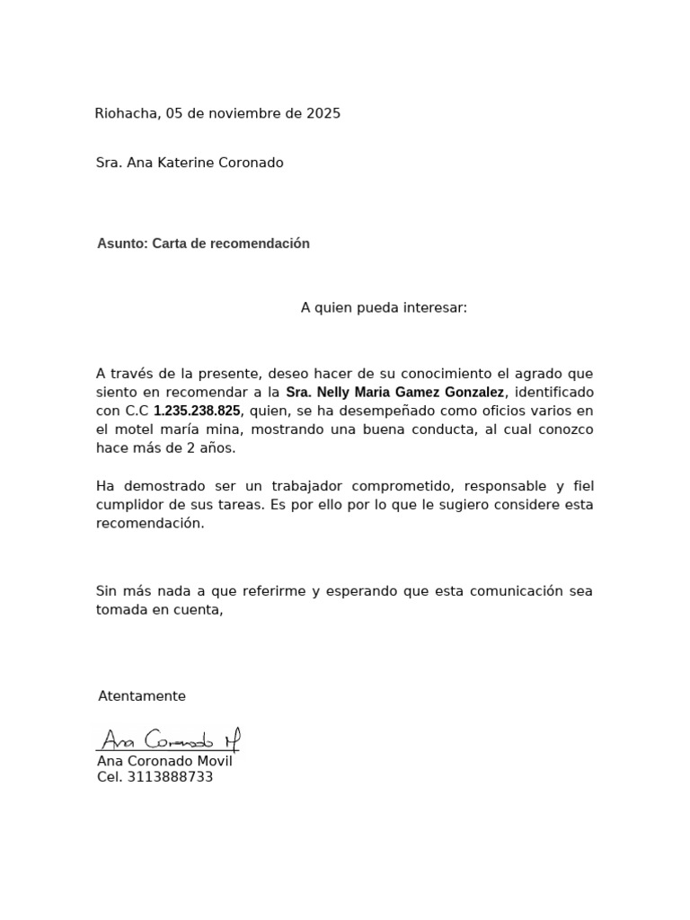 Recomendación para Nelly Maria Gamez | PDF