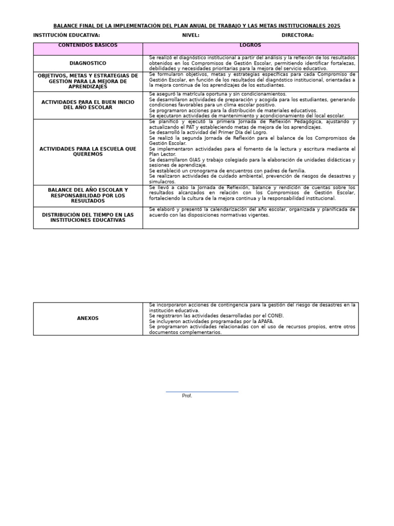 Balance Final de La Implementación Del Plan Anual de Trabajo y Las ...
