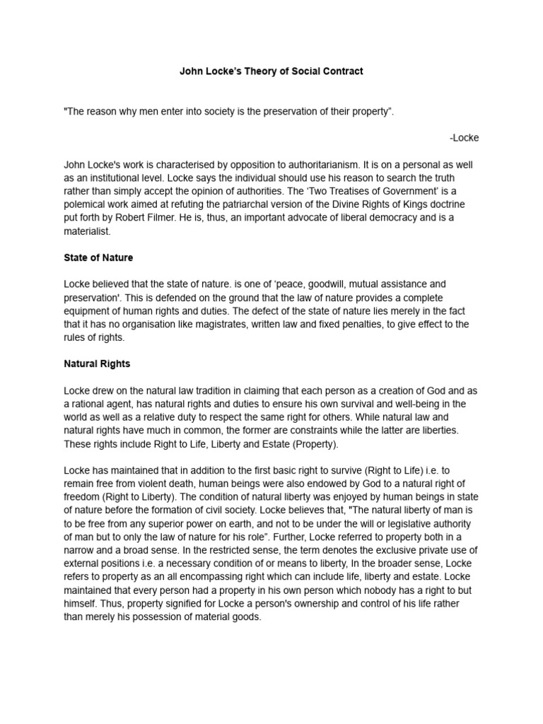 Locke's Social Contract Theory Explained | PDF | Property | Liberty