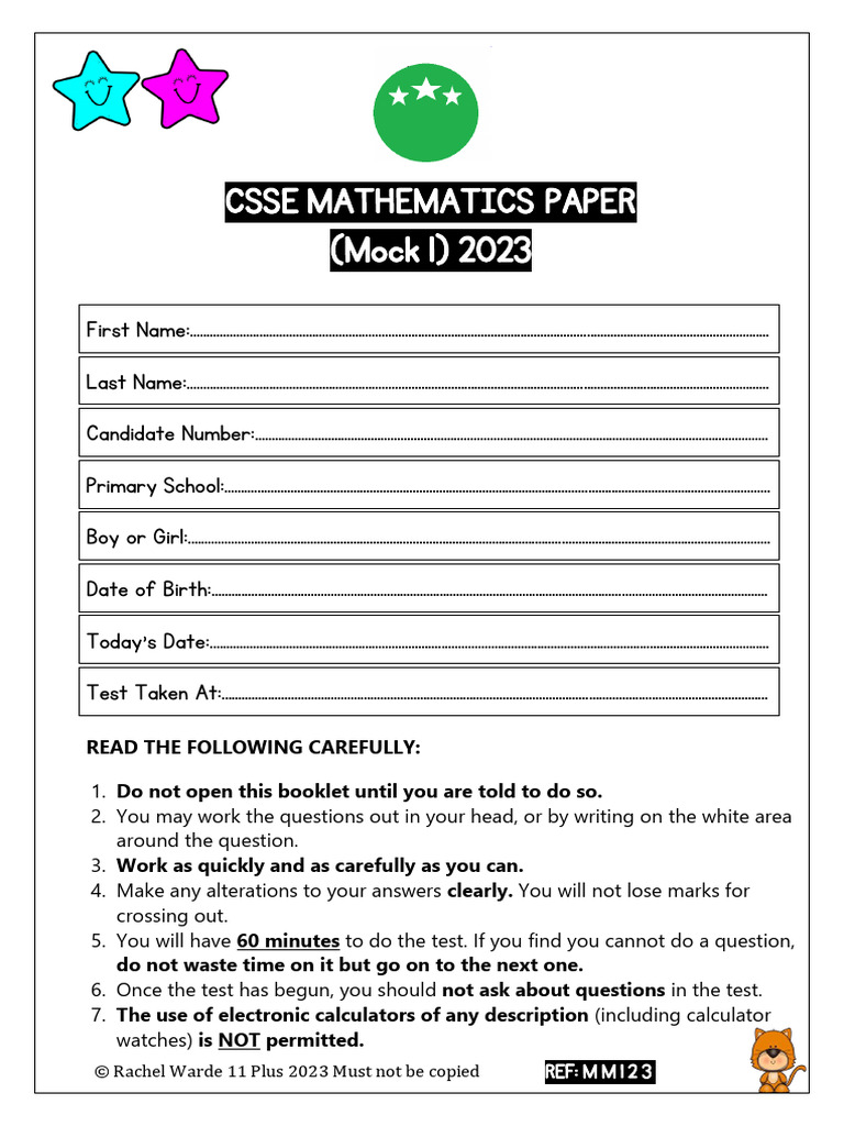 11 Plus CSSE Mock Maths Paper 2023 | PDF | Elementary Mathematics ...