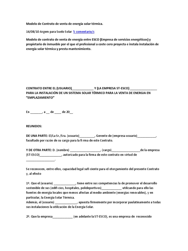 Modelo Contrato Venta Energia Solar Termica | Energía solar | Energía sostenible