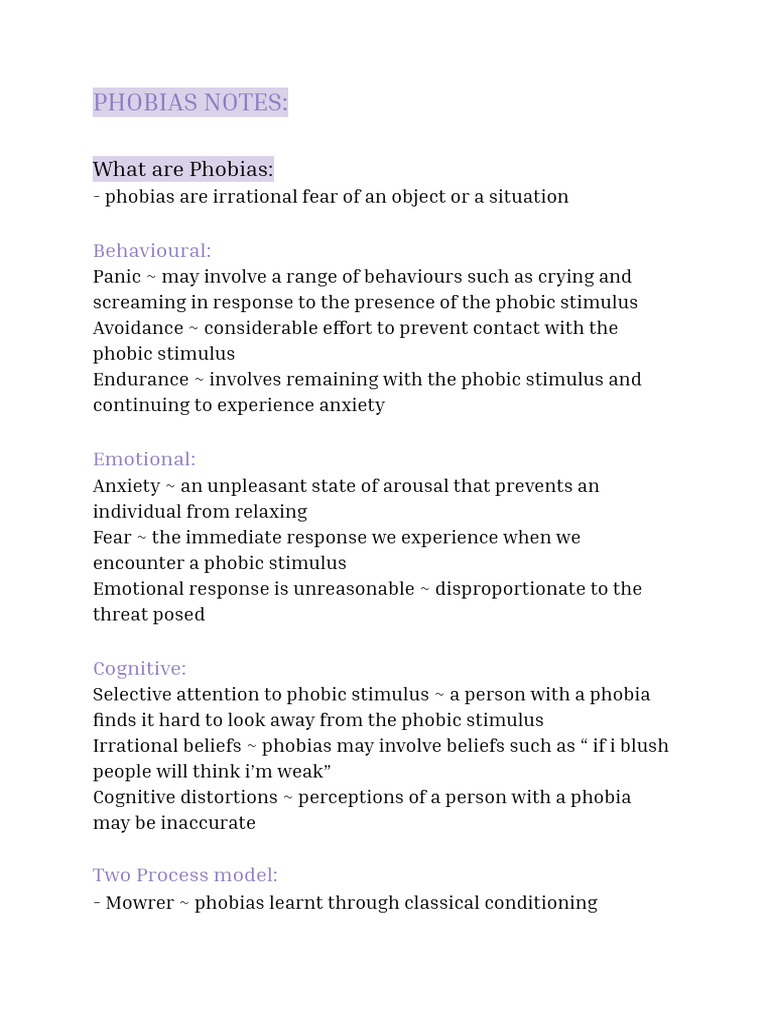 PHOBIAS NOTES_-2 | PDF | Phobia | Mental Health