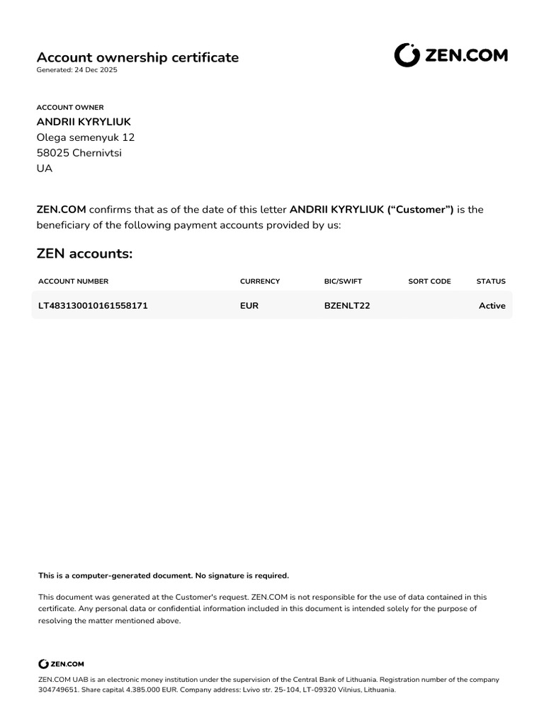 Account Certificate EUR | PDF