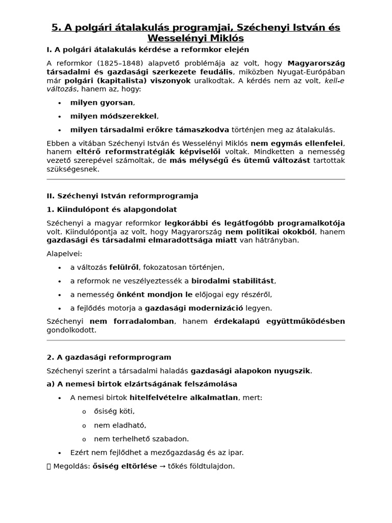 5. a Polgári Átalakulás Programjai, Széchenyi István És Wesselényi ...