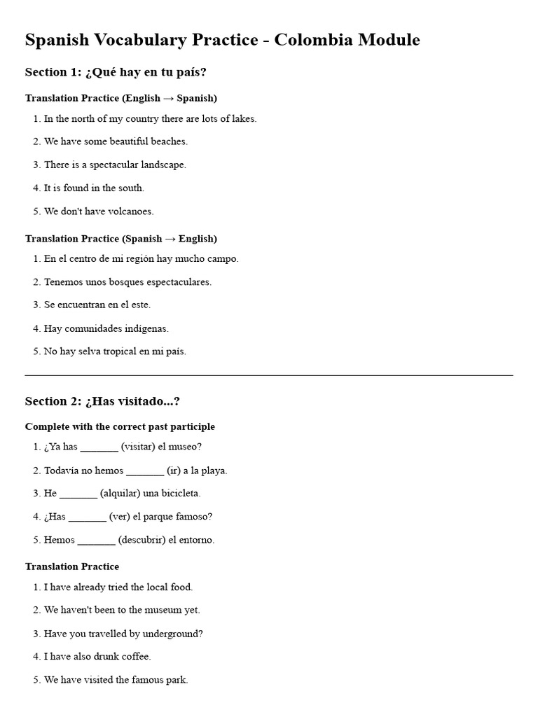 Spanish Vocabulary Practice: Colombia Module | PDF | Linguistics