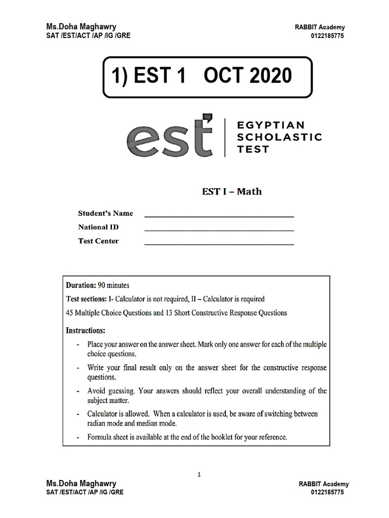 EST EXAMS | PDF | Equations | Mathematical Analysis