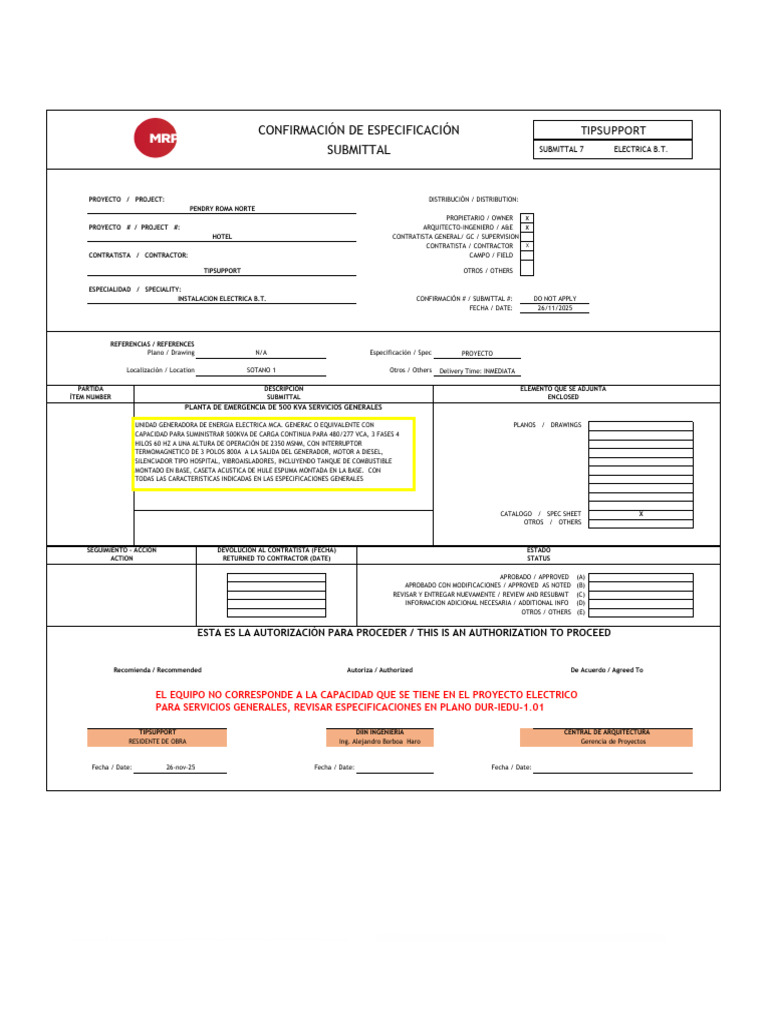 Submittal 7: Generador 500 KVA B.T. | PDF