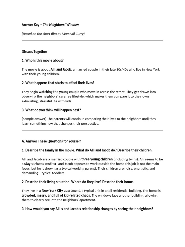 Answer Key for "The Neighbors' Window" | PDF