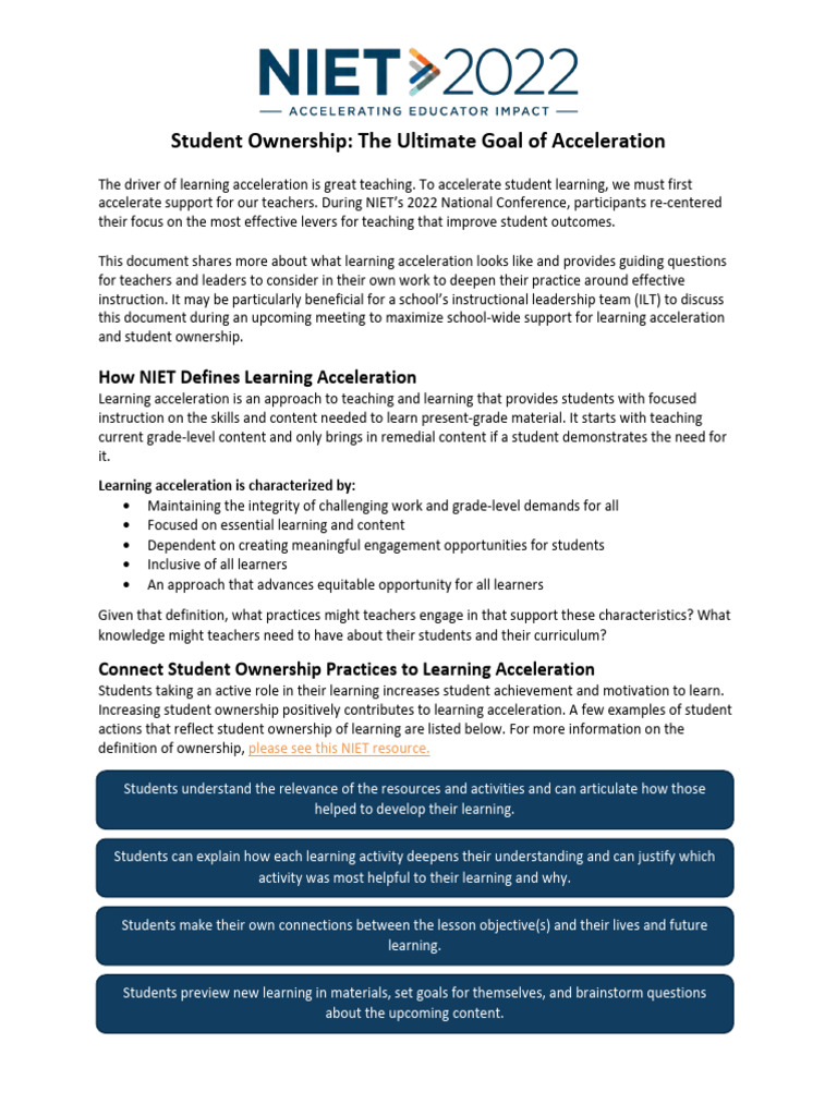 Student Ownership in Learning Acceleration | PDF | Learning | Teachers