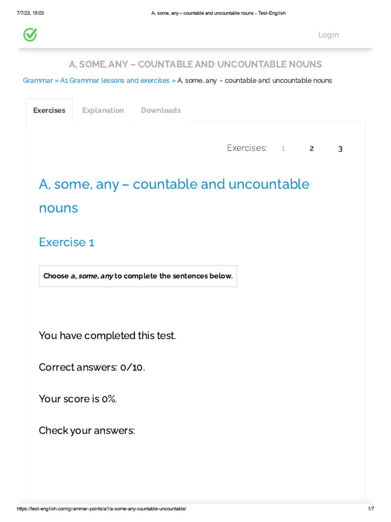 A, Some, Any – Countable and Uncountable Nouns - Test-English | PDF ...