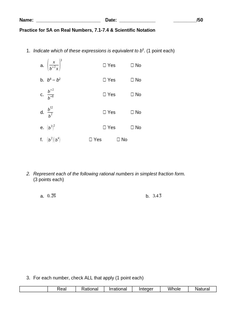Emma W - PRACTICE SA on Real Numbers and Scientific Notation | PDF | Numbers | Square Root