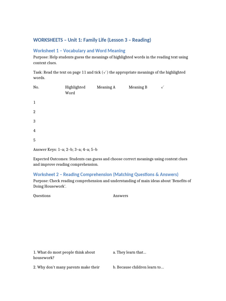 Family Life Worksheets: Reading & Skills | PDF | Reading Comprehension ...