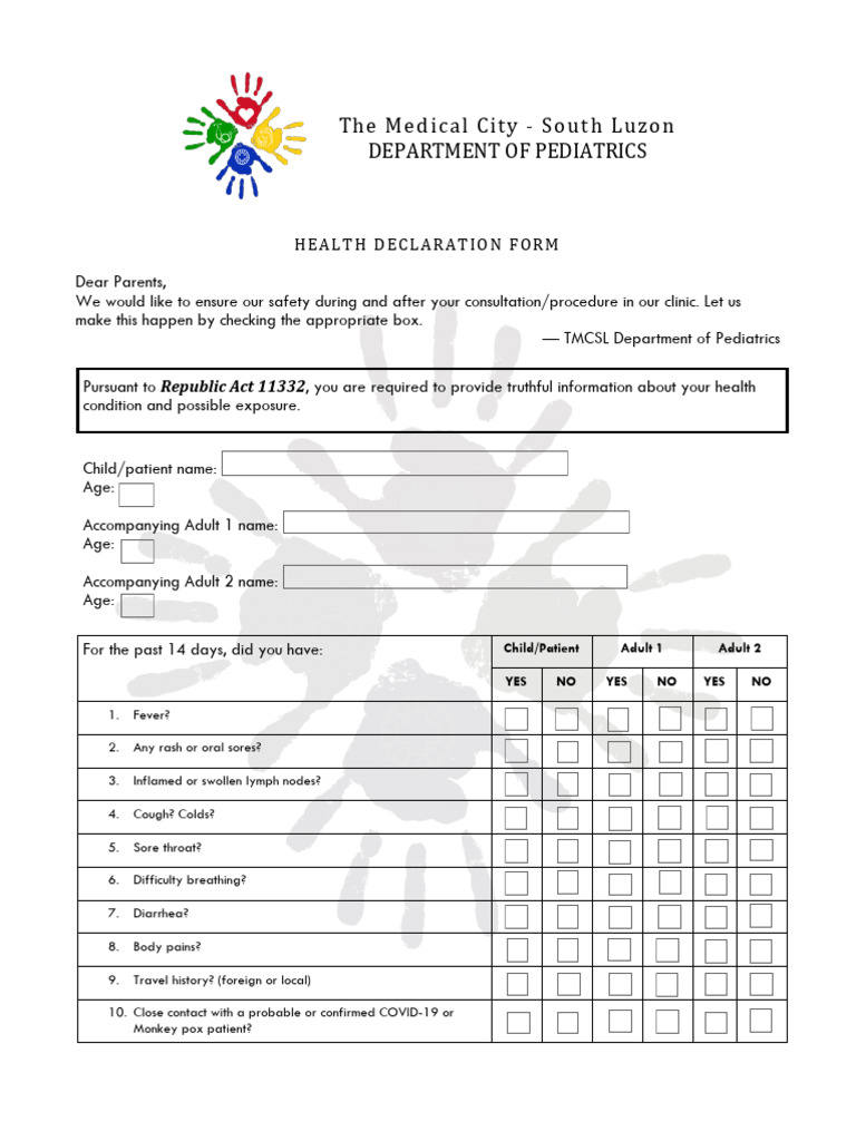 Health Declaration Form for Pediatrics | PDF