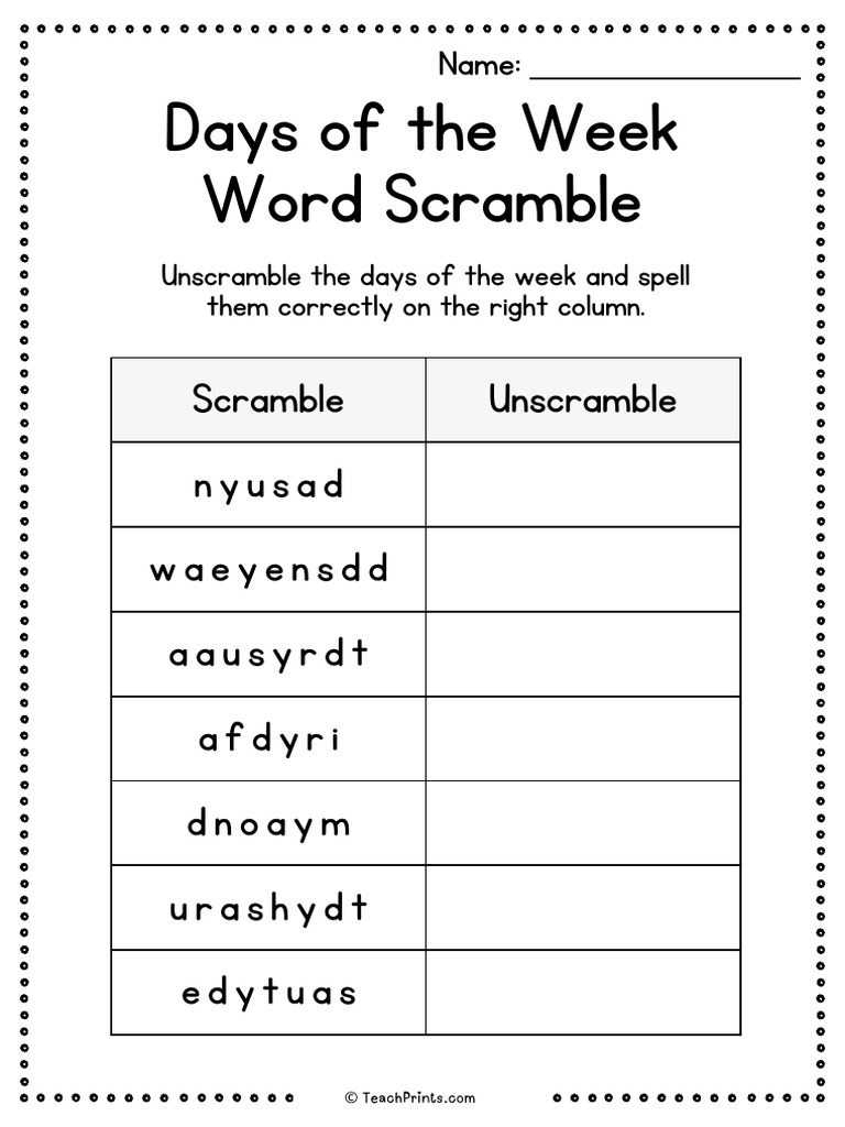 Days of the Week Word Scramble | PDF
