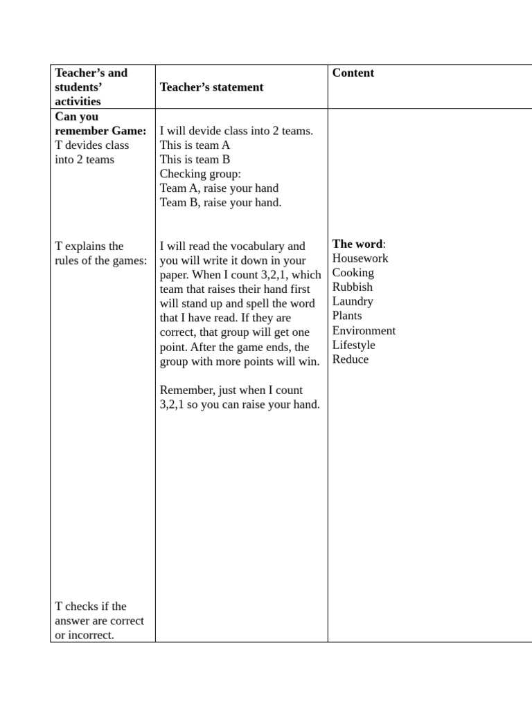 Classroom Vocabulary Game Instructions | PDF