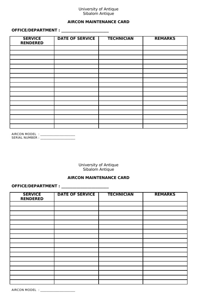 Aircon Maintenance Card Template | PDF