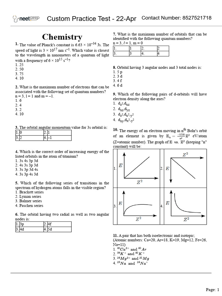 Chemistry Quantum Mechanics Practice Test | PDF | Atomic Orbital | Electron