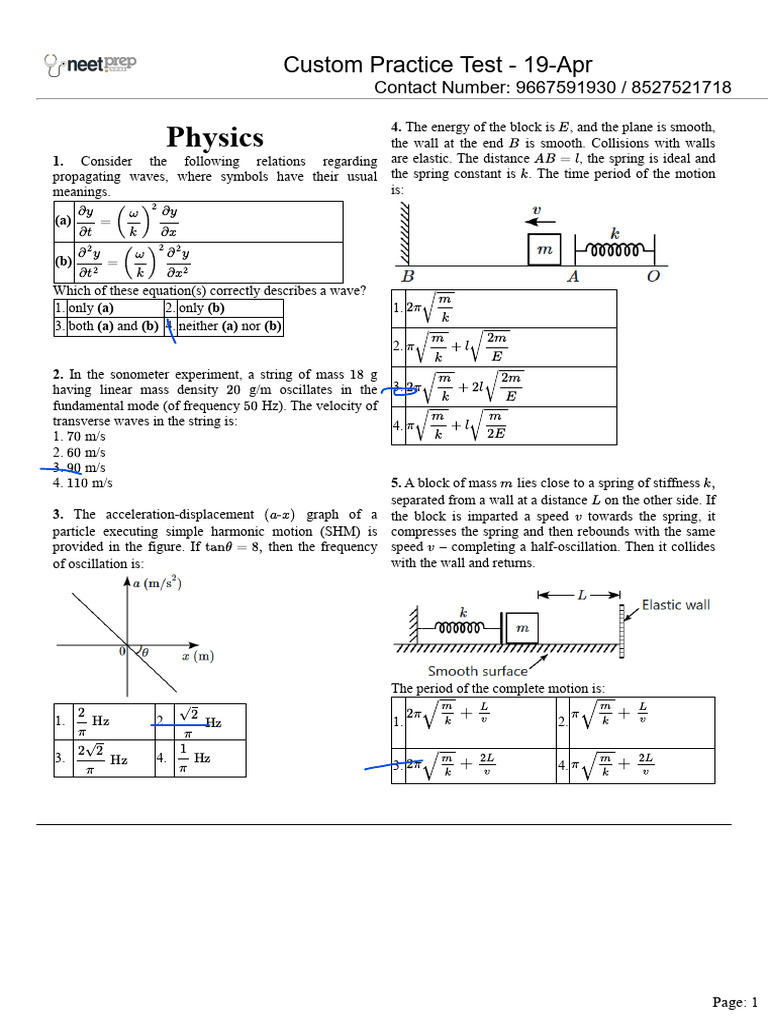 Physics Wave Propagation Practice Test | PDF | Waves | Frequency