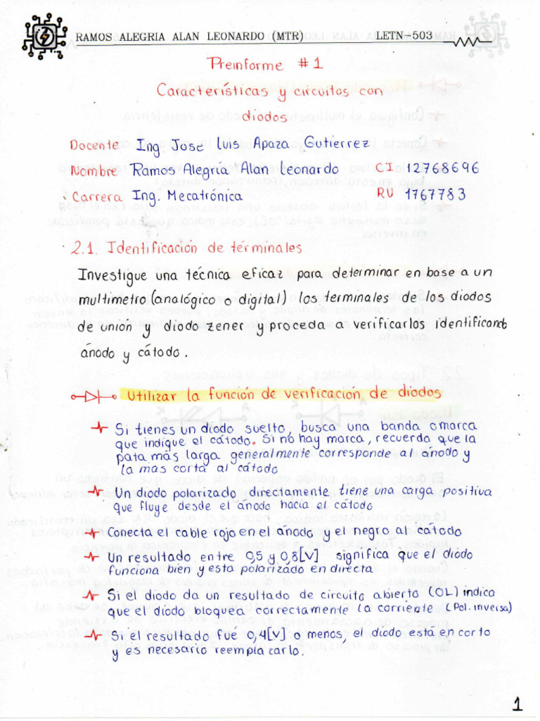 PREINFORME 1 LETN503 CARACTERISTICAS Y CIRCUITOS CON DIODOS | PDF