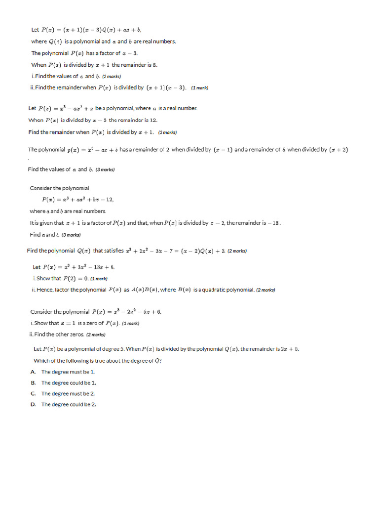 Remainder Factor Theorem Revision | PDF