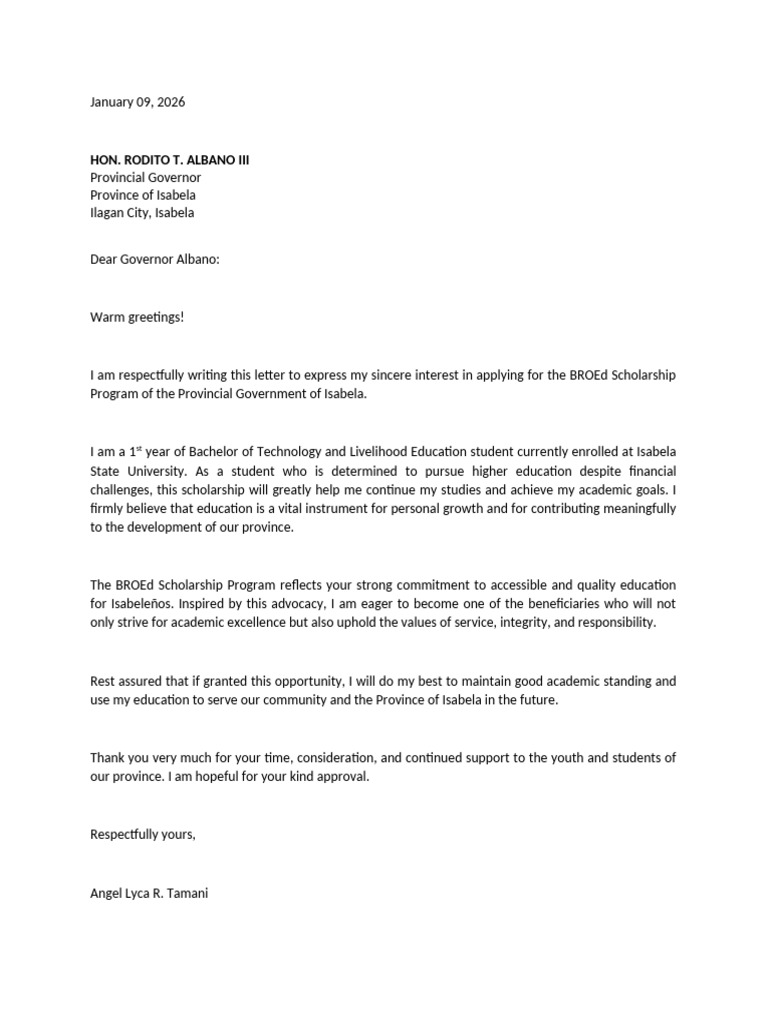 BROEd Scholarship Application Letter | PDF
