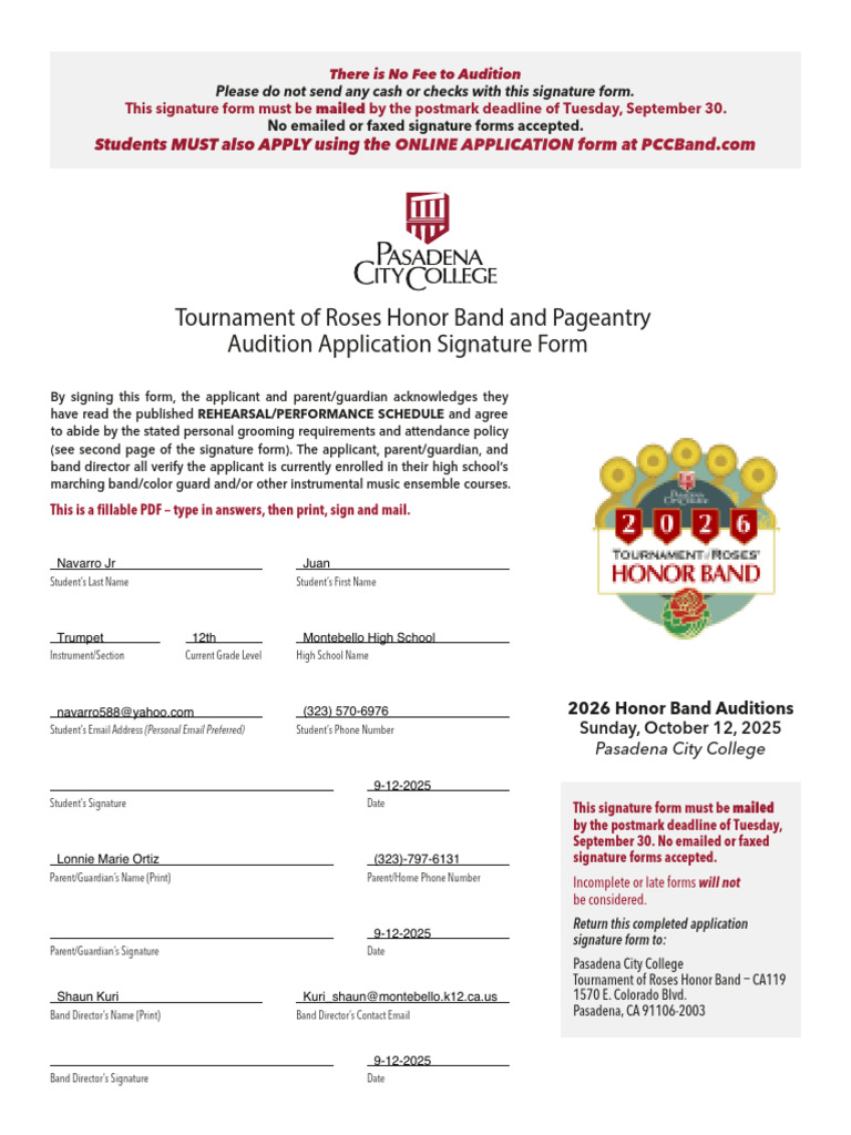 2026 Honor Band Audition Form | PDF