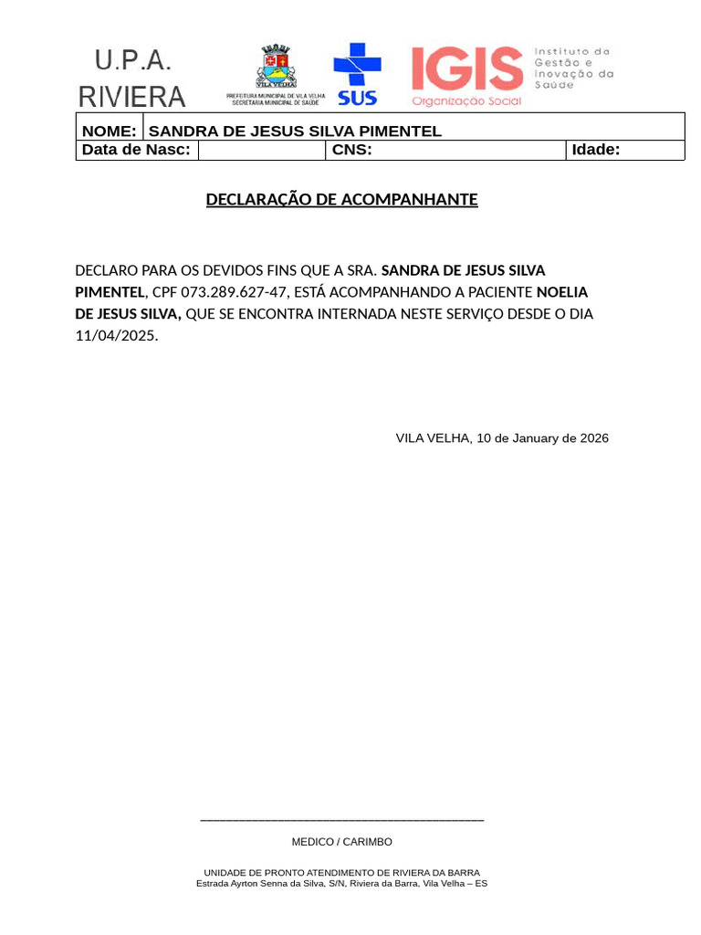 Declaração de Acompanhante - Sandra Pimentel | PDF