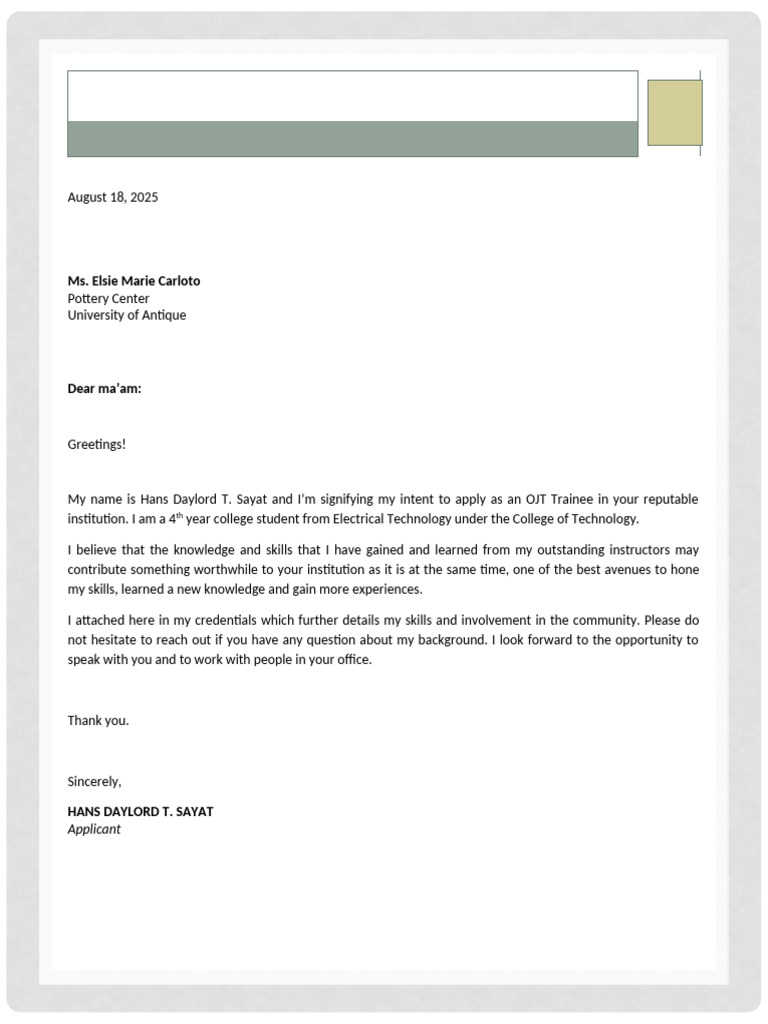 OJT Trainee Application Letter | PDF