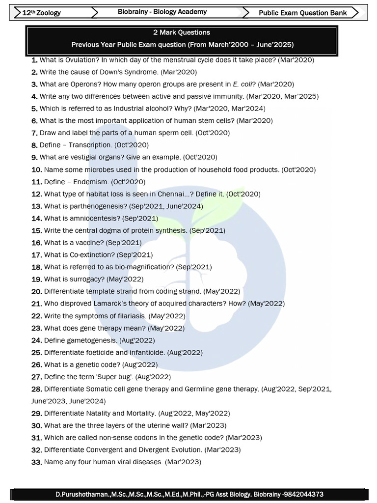 12th Zoology Public Exam Question Bank | PDF | Evolution | Gene