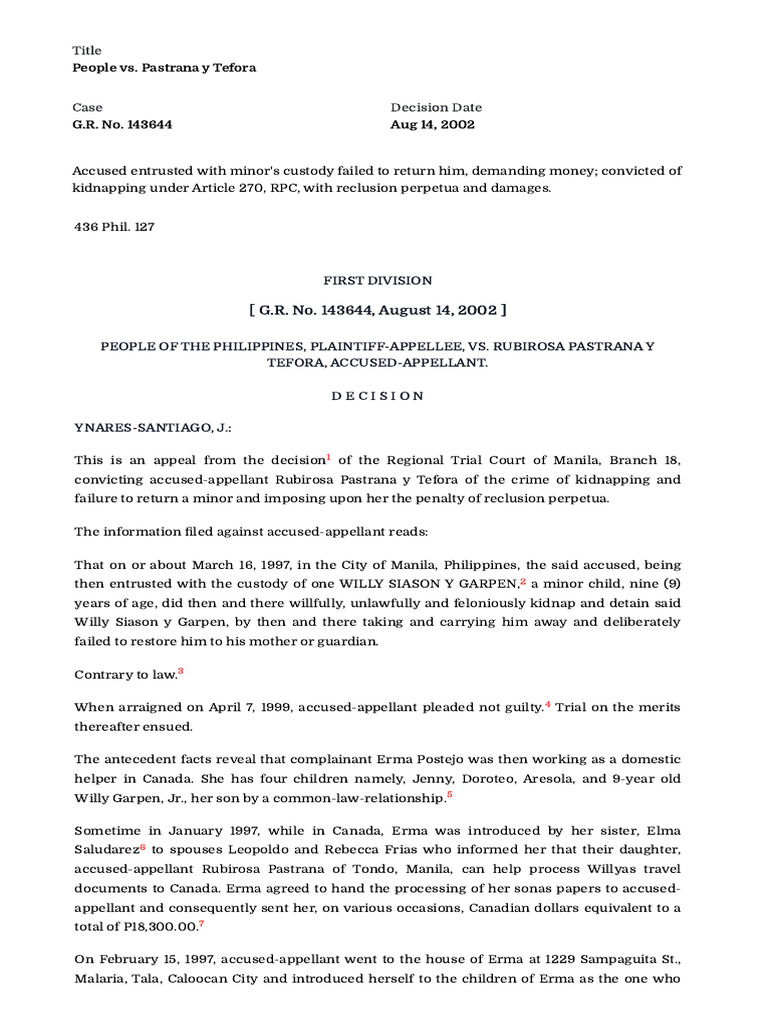 Kidnapping Case: People vs. Pastrana | PDF | Witness | Damages