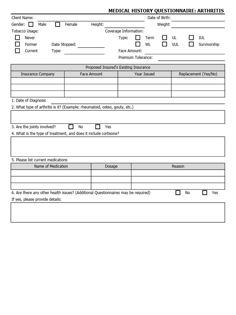 Arthritis Underwriting Questionnaire | PDF