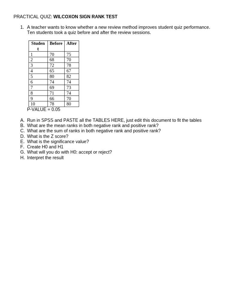 Practical Quiz Wilcoxon Sign Rank Test | PDF