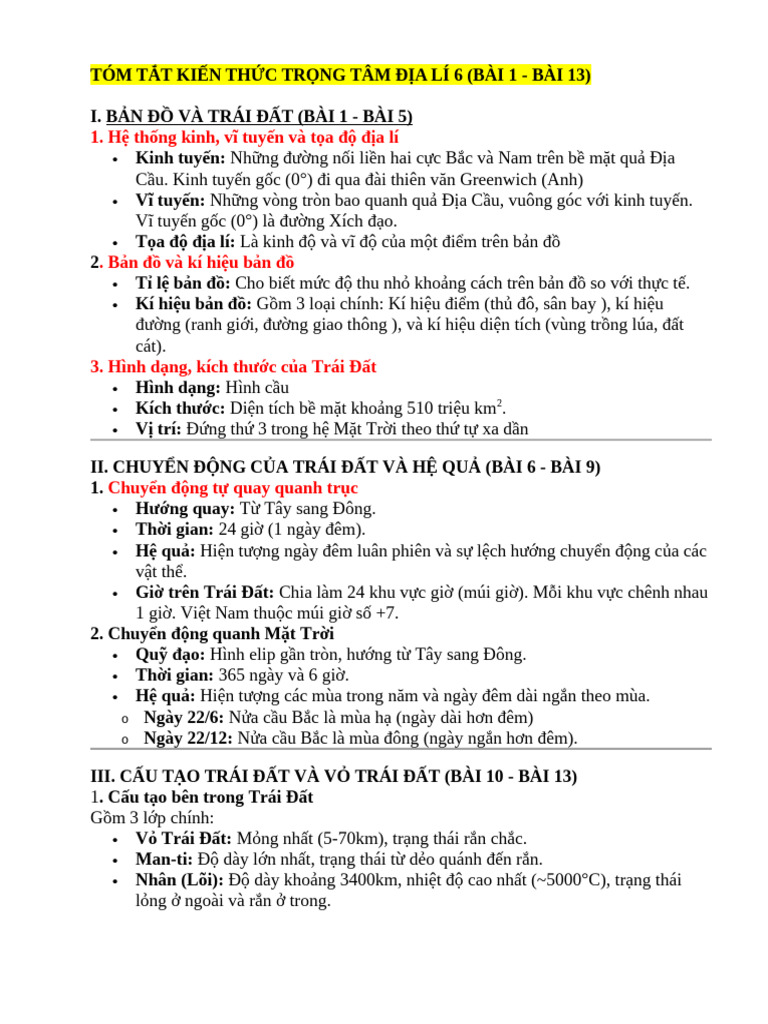 Tóm Tắt Kiến Thức Trọng Tâm Địa Lí 6 | PDF
