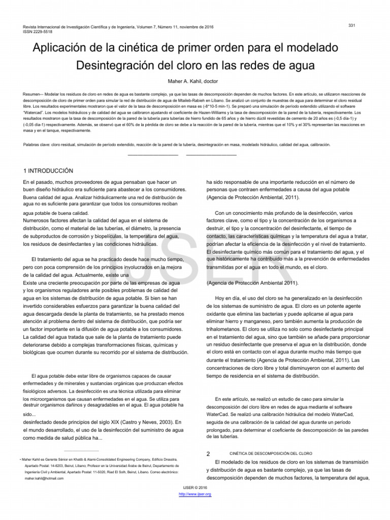 Application of First Order Kinetics for Modeling Chlorine Decay in ...