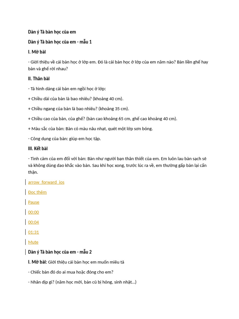 Dàn ý Tả Bàn Học Của Em | PDF