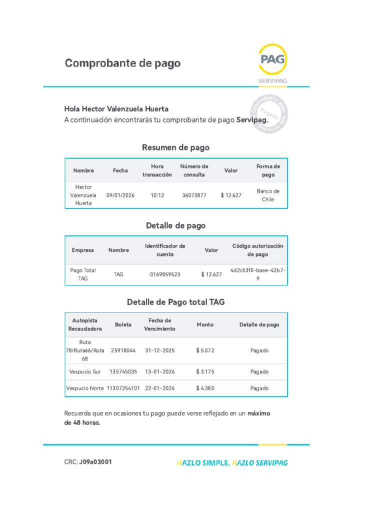 Comprobante de Pago Servipag - Hector Valenzuela | PDF