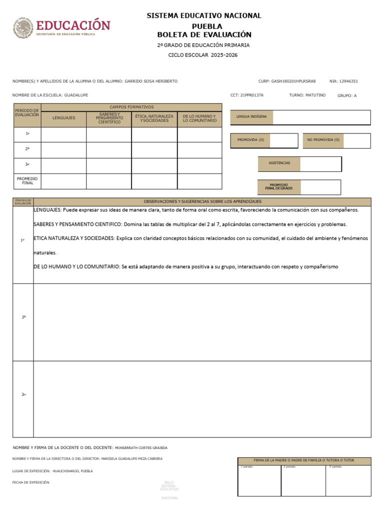 Boleta Heriberto 2do Primaria | PDF | Cognición | Aprendizaje