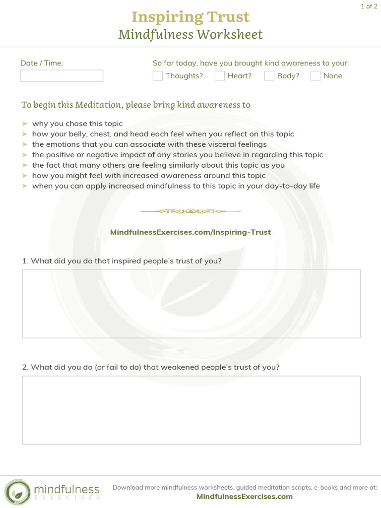 Mindfulness Worksheet: Inspiring Trust | PDF
