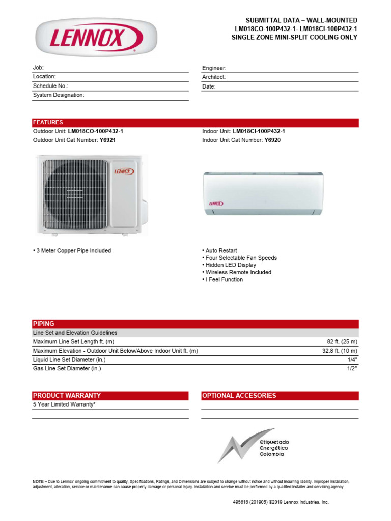 Lennox - Mini Split - 2.81EER - 18K - CO - 220V - Submittal (ENG) | PDF ...