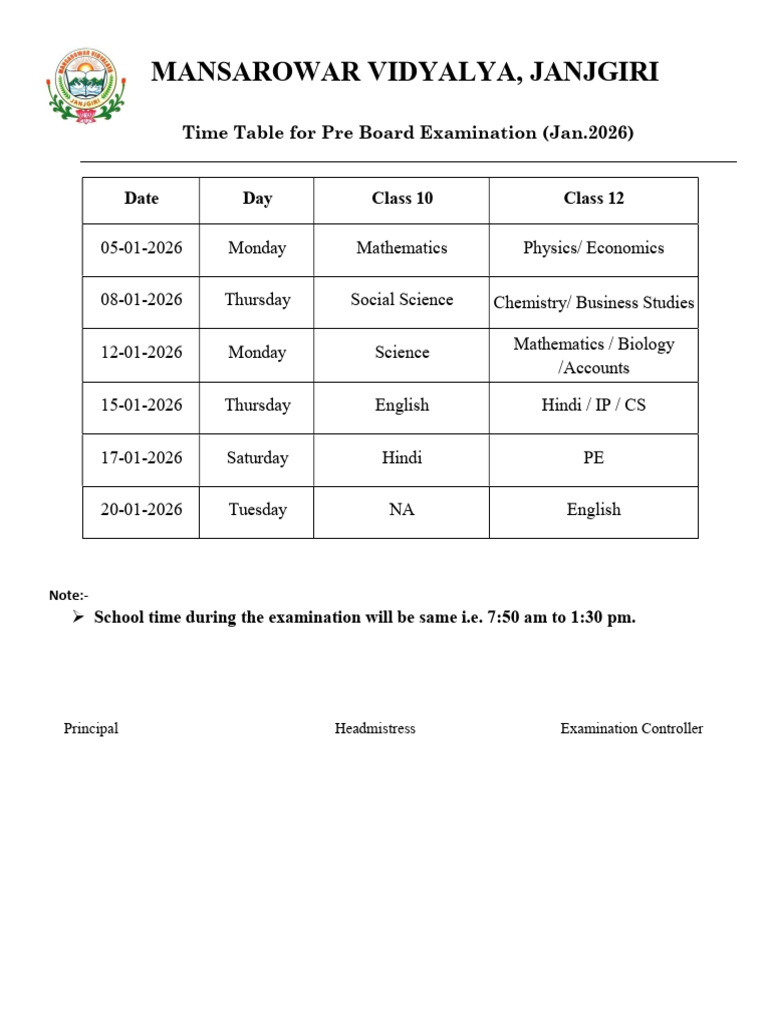 Time Table Pre Board | PDF