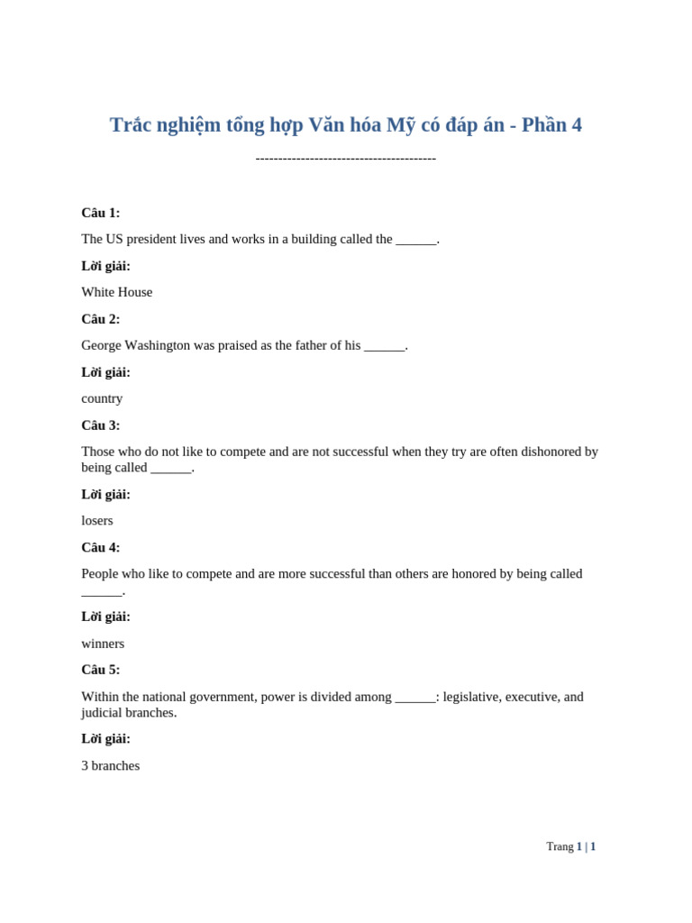 Trac Nghiem Tong Hop Van Hoa My Co Dap An Phan 4 | PDF