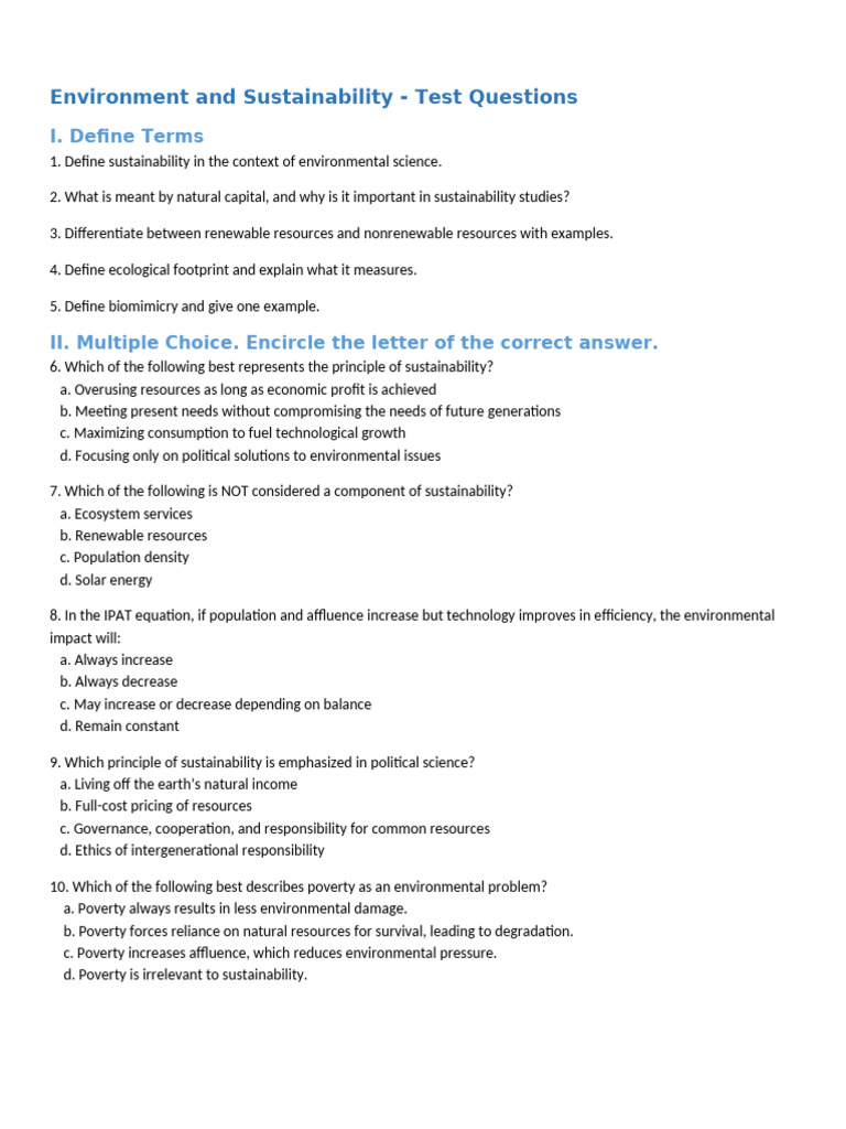 Environment and Sustainability Test Questions | PDF | Sustainability ...