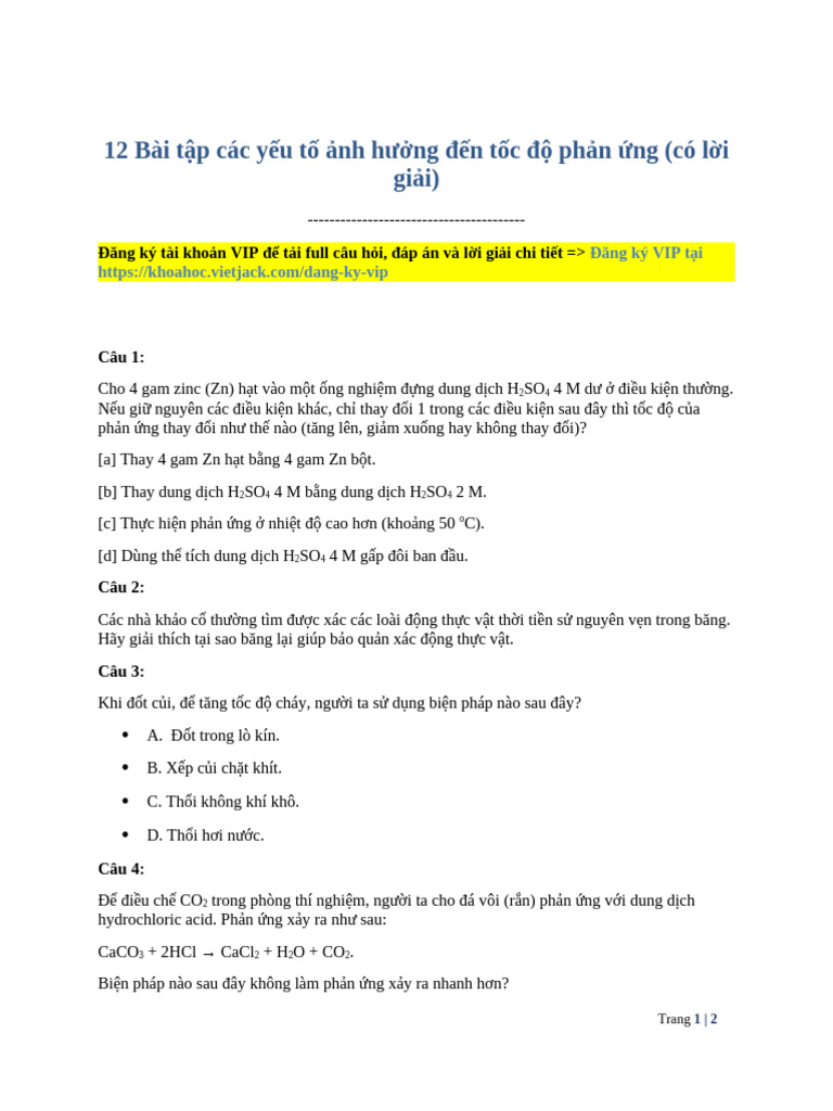 12 Bai Tap Cac Yeu to Anh Huong Den Toc Do Phan Ung Co Loi Giai 2026-01-09 | PDF