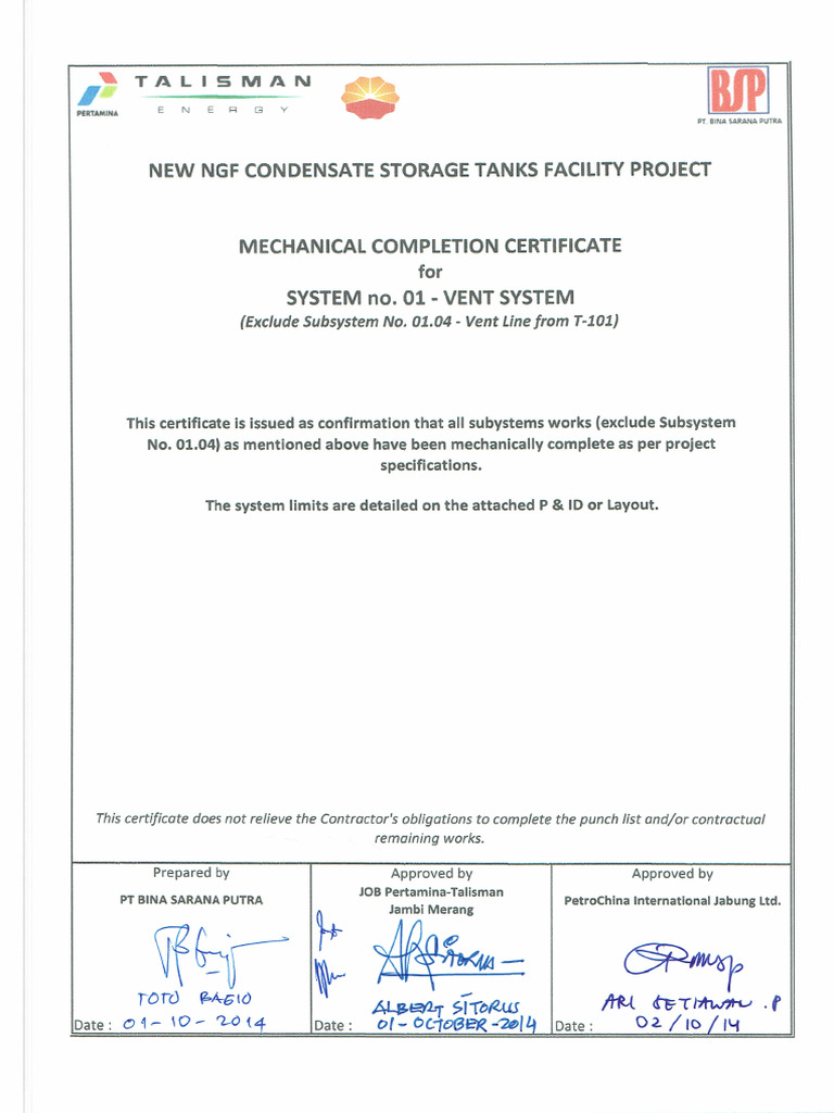 Mechanical Completion Certificate | PDF