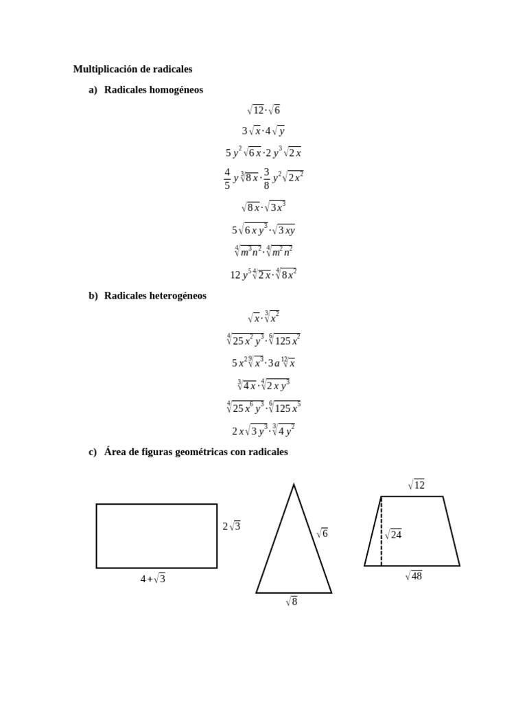 Multiplicación de Radicales y Áreas Geométricas | PDF