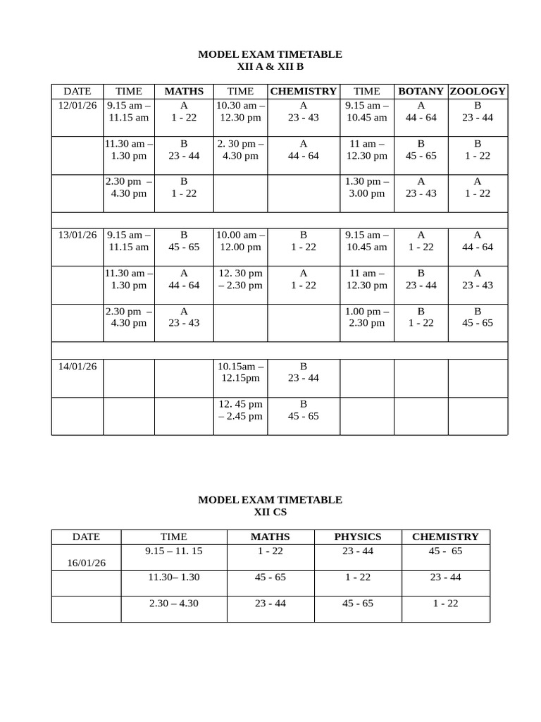 XII A, B & CS Model Exam Timetable | PDF
